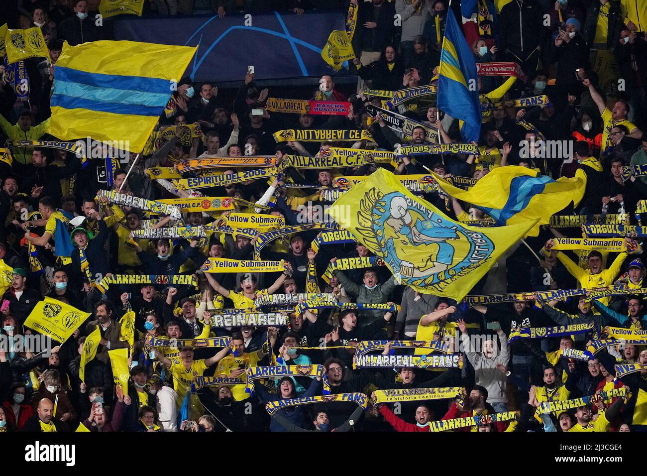 Villarreal fans on the stands with flags and scarves at full time ...