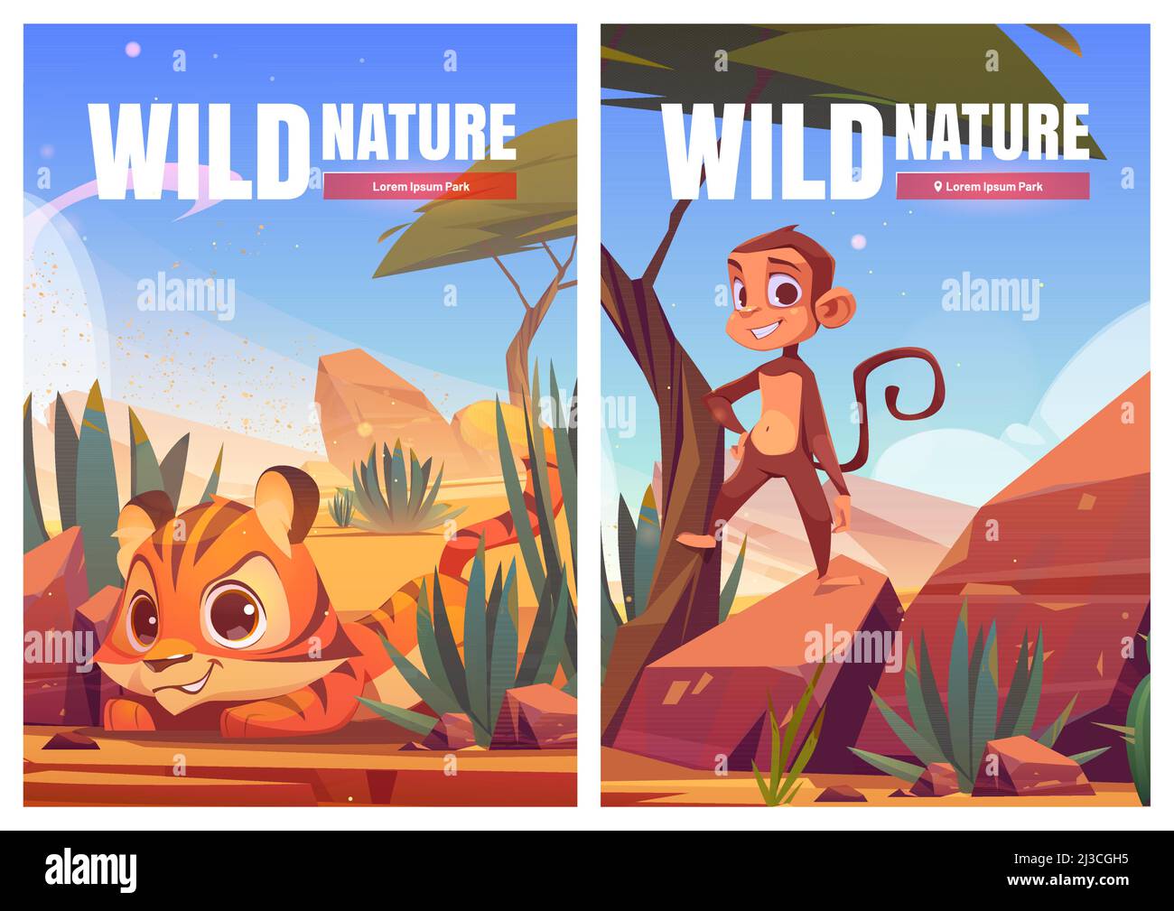 Wild nature cartoon posters. Funny monkey and tiger cub in African ...