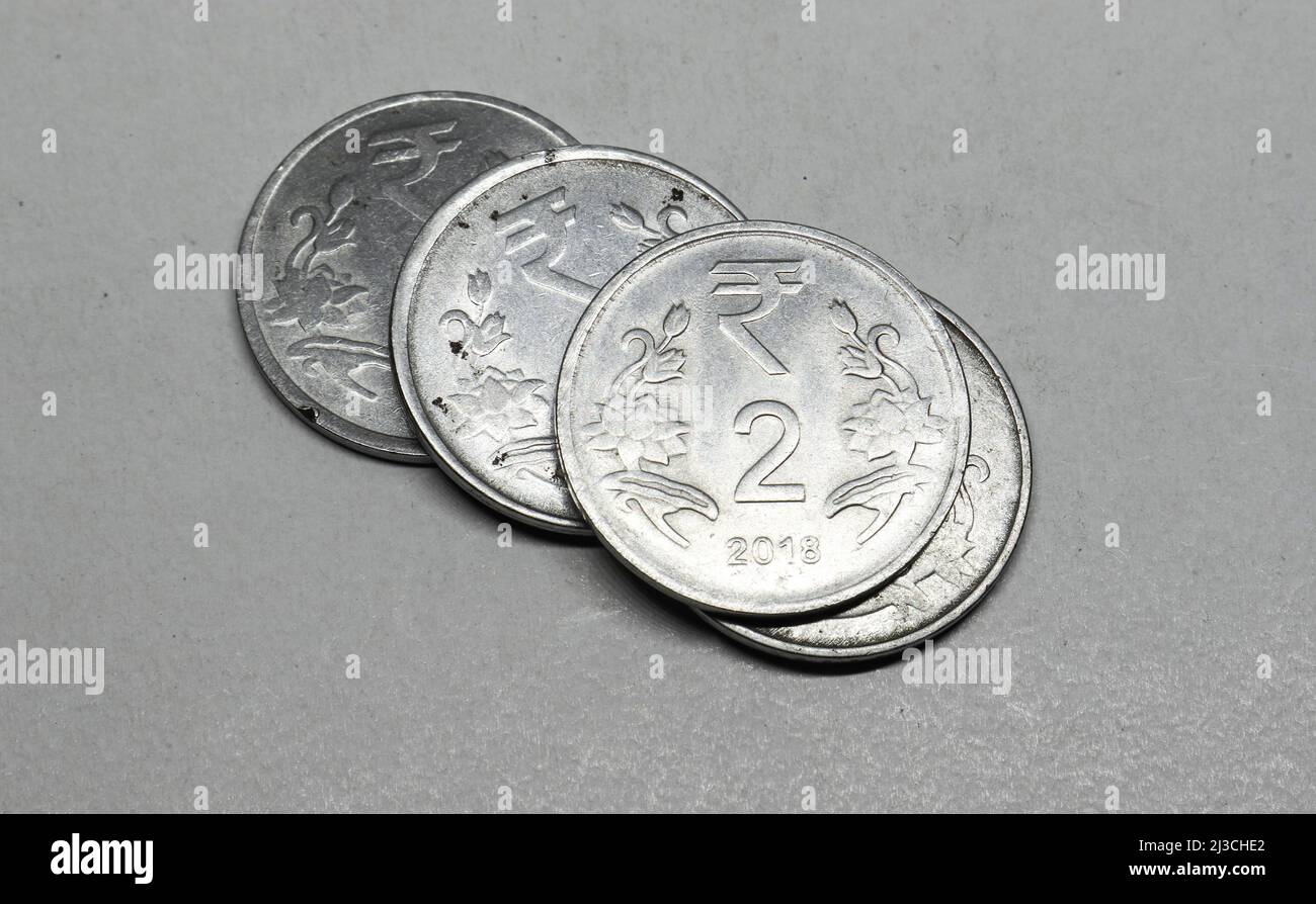 two Rupees silver Coin, Indian Currency, Money, pile two Rupees old ...
