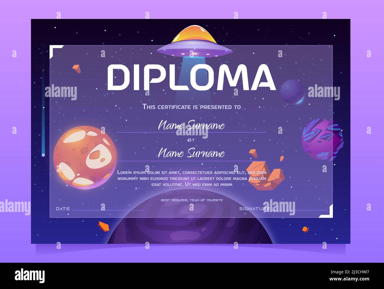 Kids diploma with ufo saucer and planets in space. Cartoon certificate, graduation frame for ...