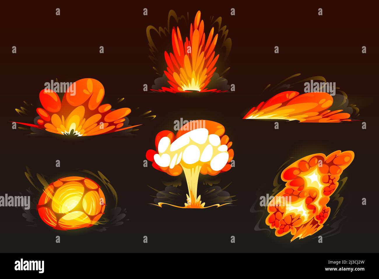 Cartoon bomb explosion set. Clouds, boom effect and smoke elements for ui game design. Dynamite ...