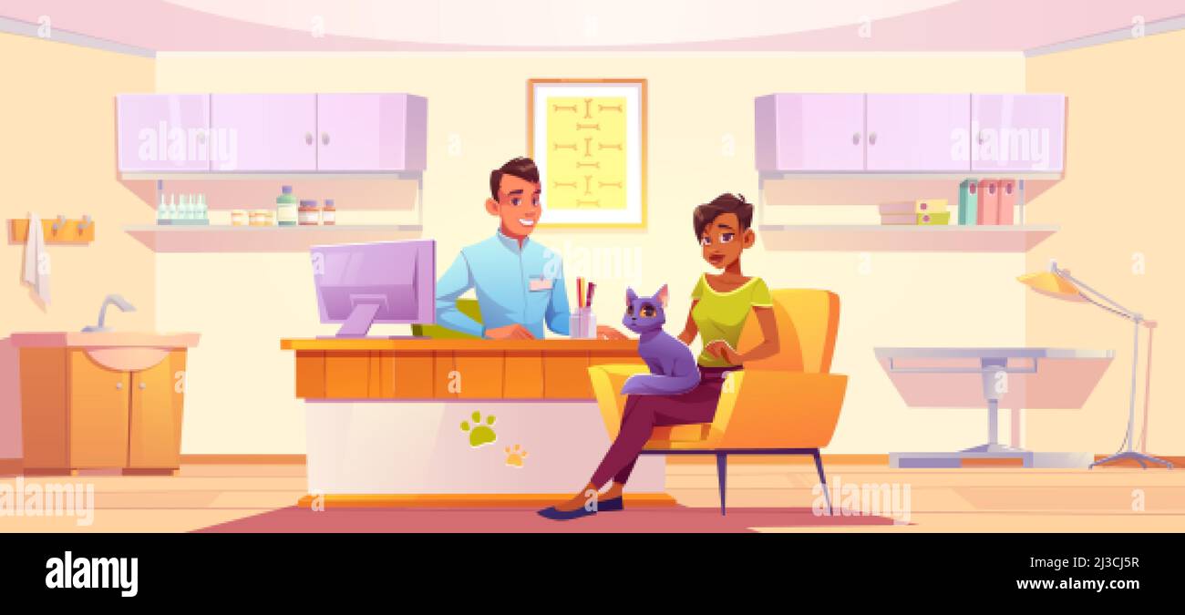 Customer with cat visit vet clinic for medical aid and exam pet. Vector ...