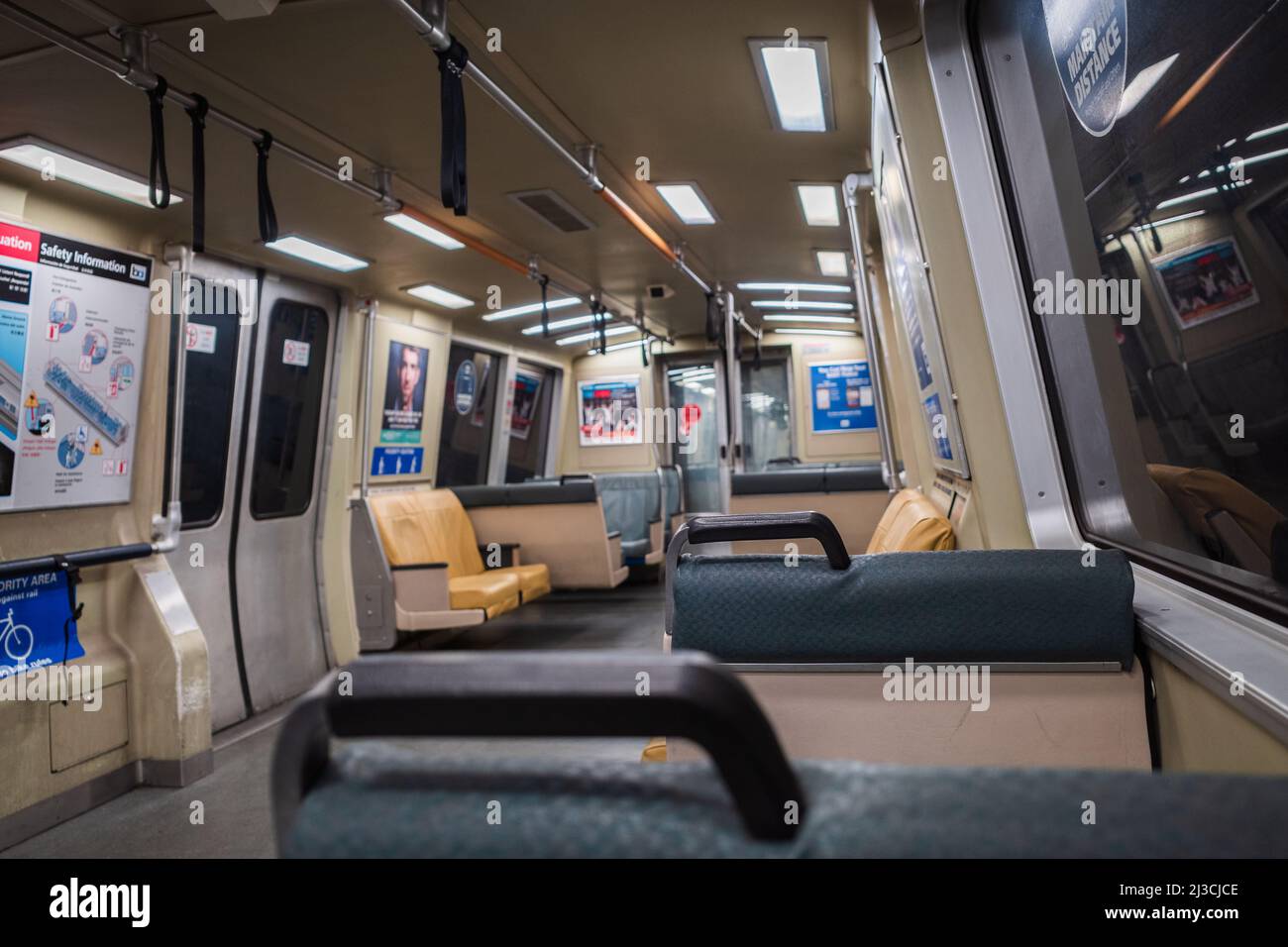 Interior shot of an empty Muni Train during the Coronavirus pandemic ...