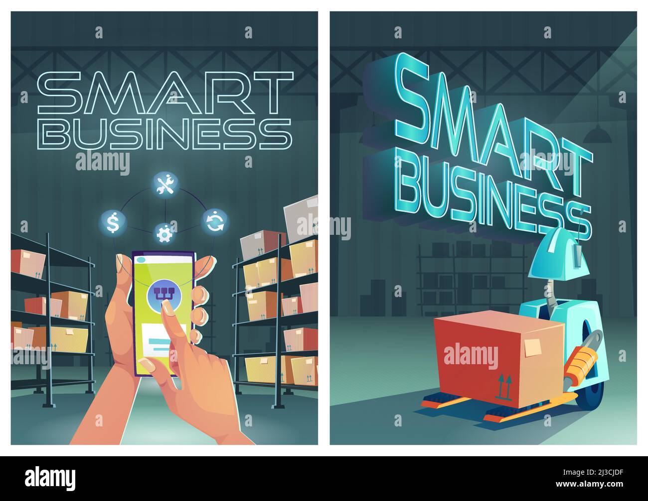 Smart business cartoon posters, forklift robot loading box in warehouse ...