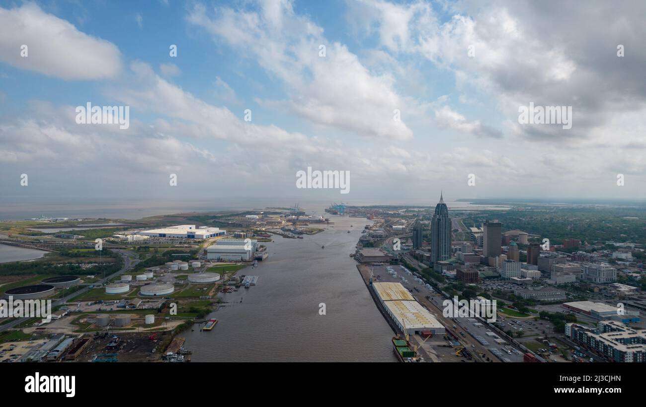 Aerial view of the Mobile, Alabama waterfront and surrounding area ...