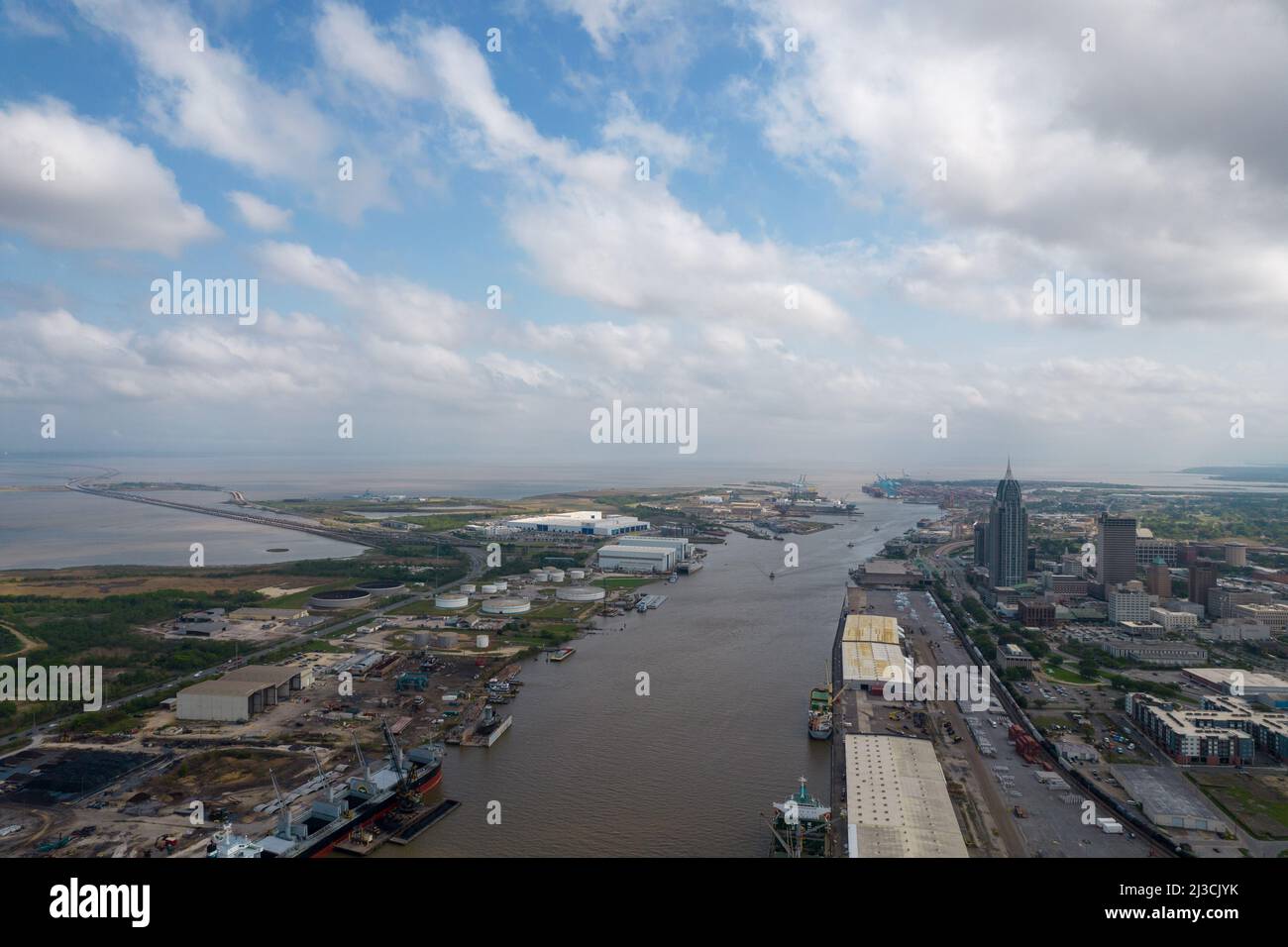 Aerial view of the Mobile, Alabama waterfront and surrounding area ...