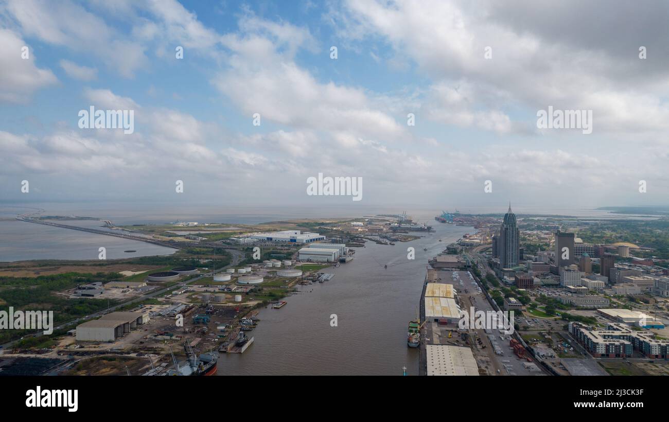 Aerial view of the Mobile, Alabama waterfront and surrounding area ...