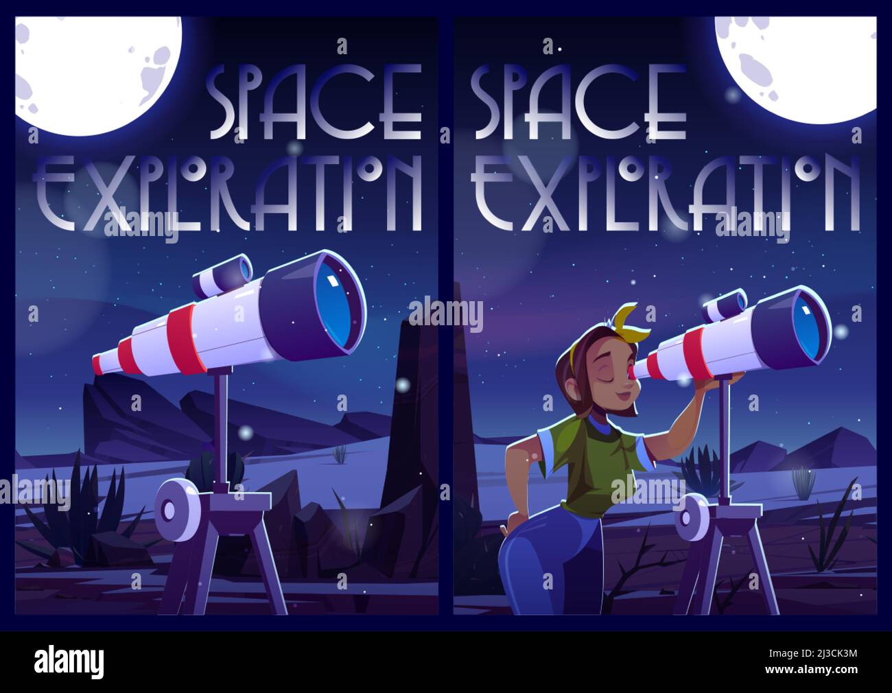 Space exploration posters with woman and telescope at night. Vector ...