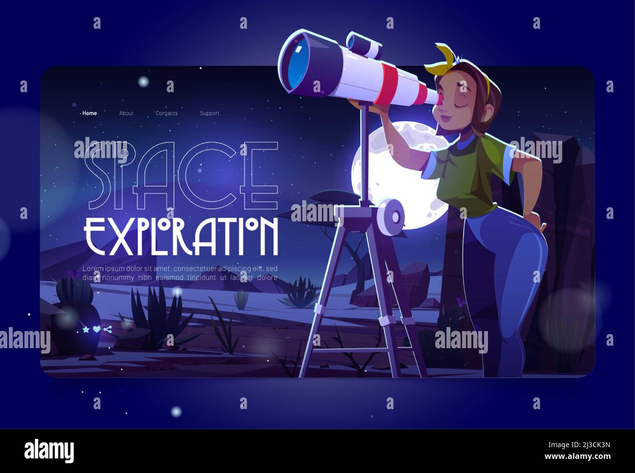 Space exploration cartoon landing page. Woman look in telescope ...