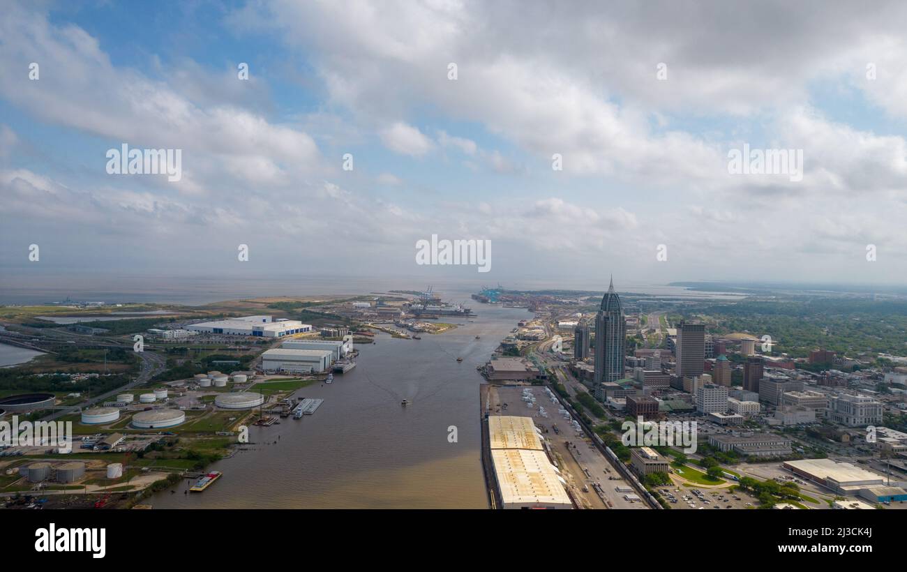 Aerial view of the Mobile, Alabama waterfront and surrounding area ...
