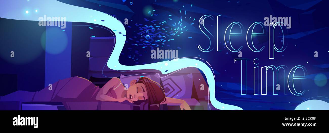 Sleep time cartoon banner, young woman sleeping on bed at dark night ...