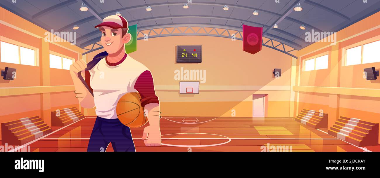 Basketball court with player, tribune, basket and scoreboard on wall ...