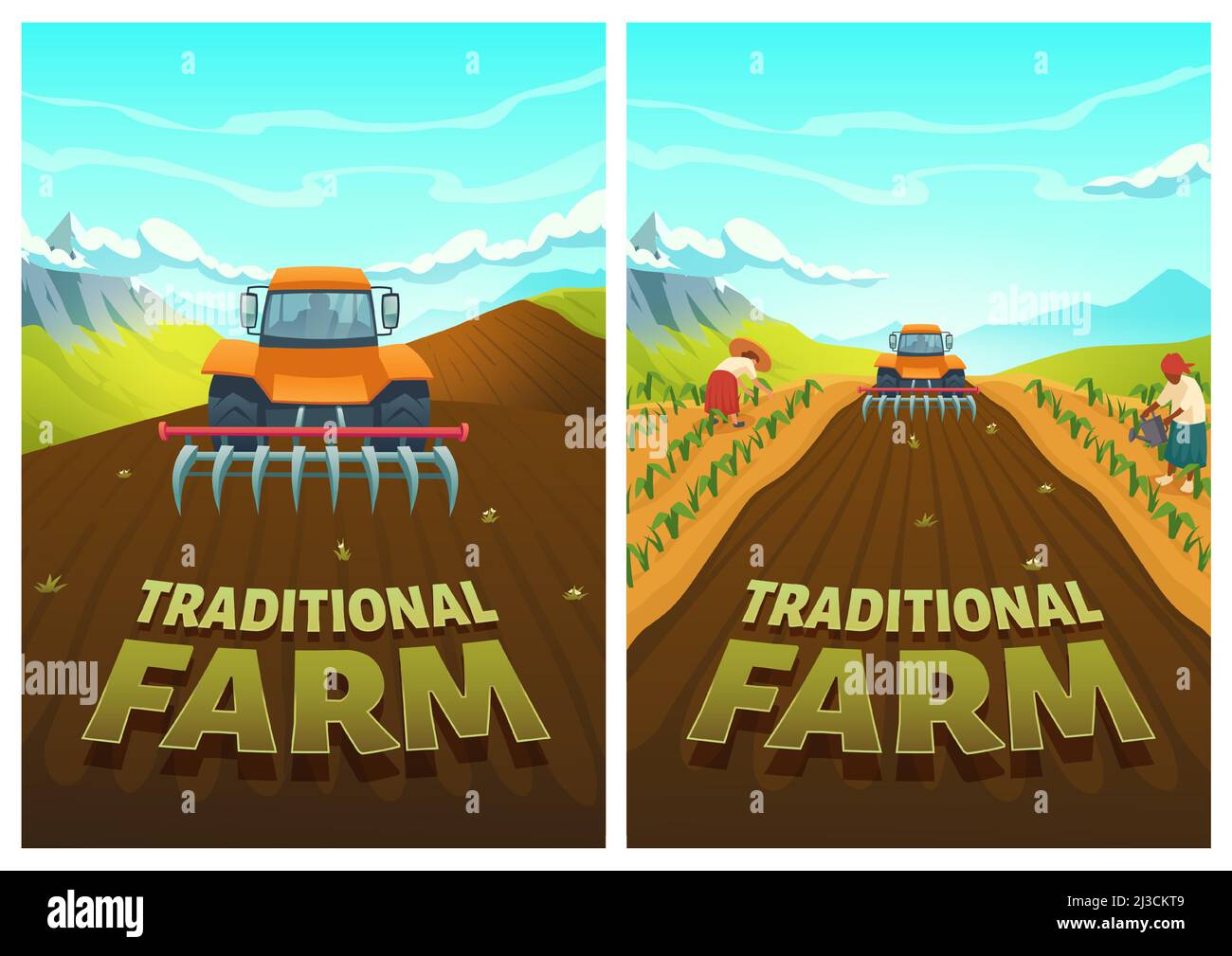 Traditional farm cartoon poster. Tractor plowing field on rural ...