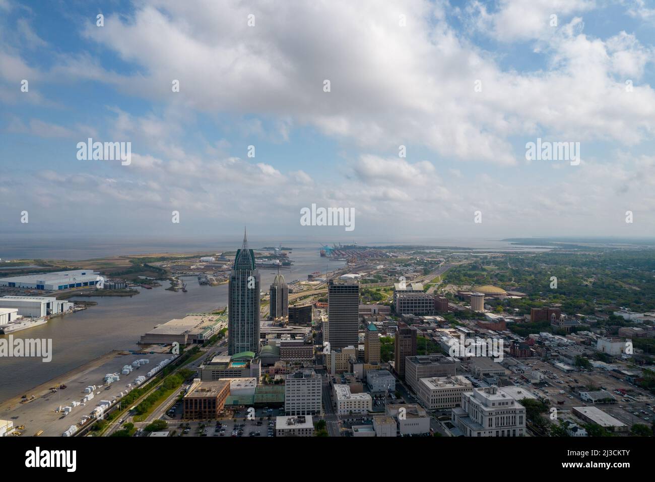 Aerial view of the Mobile, Alabama waterfront and surrounding area ...