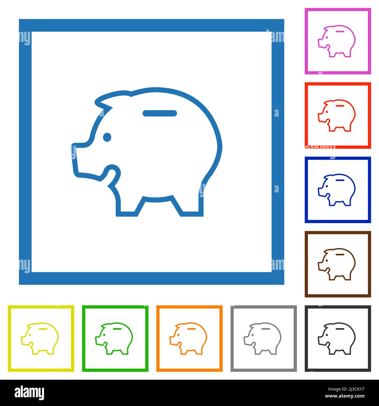 Left facing piggy bank outline flat color icons in square frames on ...