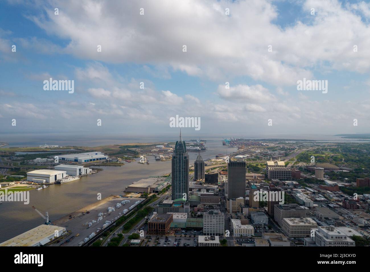 Aerial view of the Mobile, Alabama waterfront and surrounding area ...