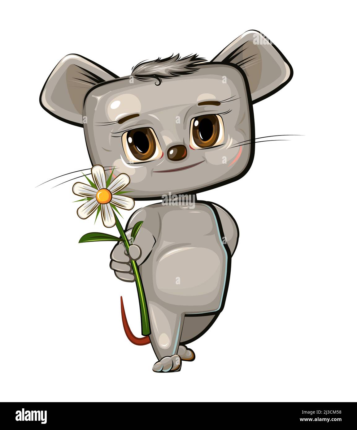 Cute baby Mouse holding out a chamomile flower. Funny animal baby ...