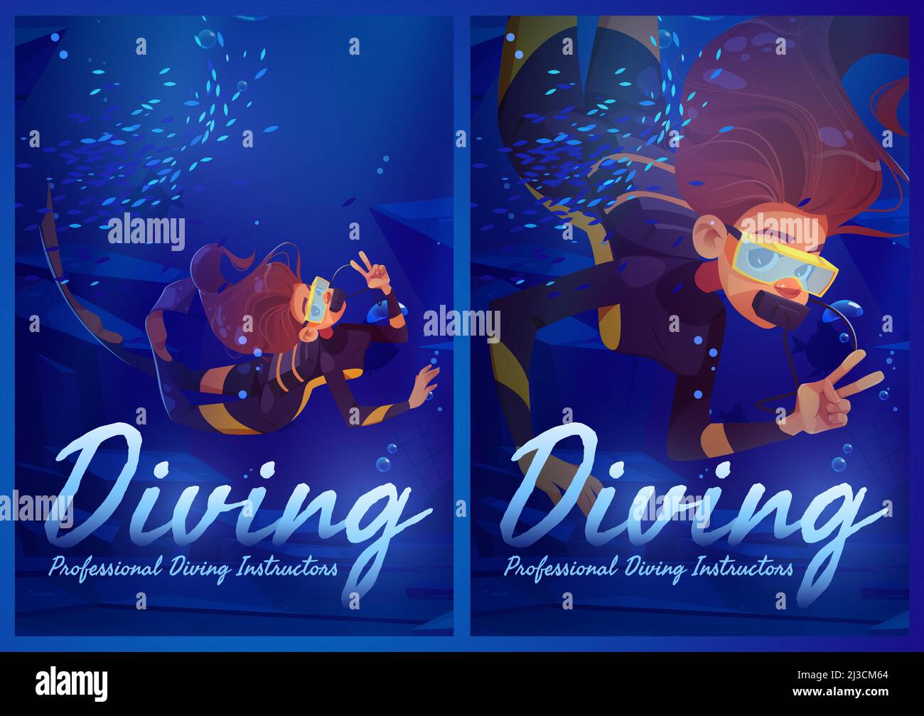 Diving instructors professional service, scuba club ad posters. Diver ...