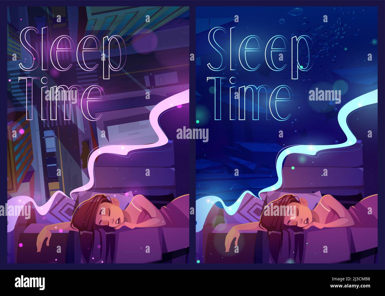 Sleep time posters with woman naps and sees dreams. Vector banners with ...