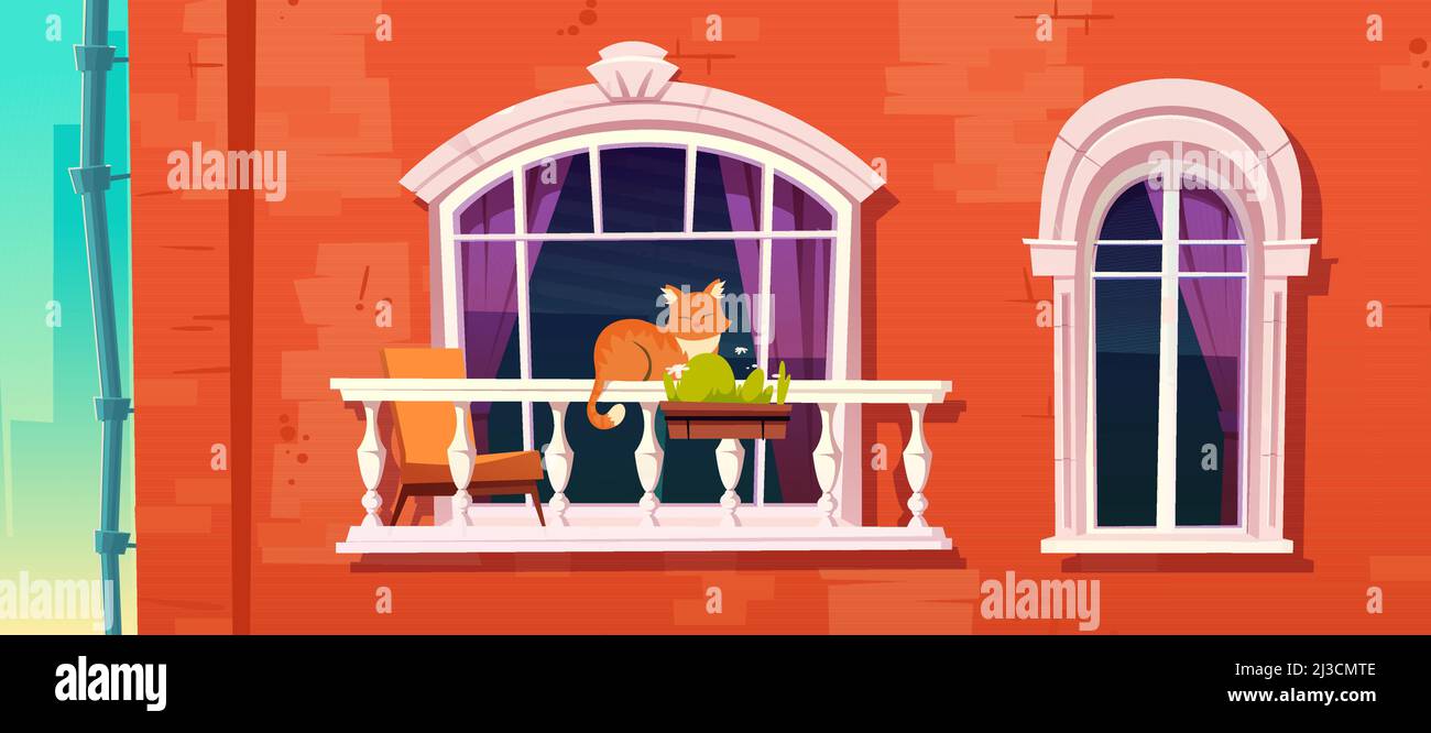 Cat sleep on home balcony railing. Sweet pet relax outside of house ...