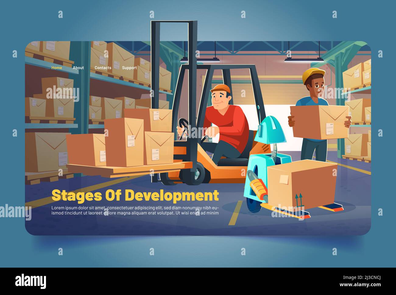 Warehouse workers and robot load boxes on racks cartoon banner ...