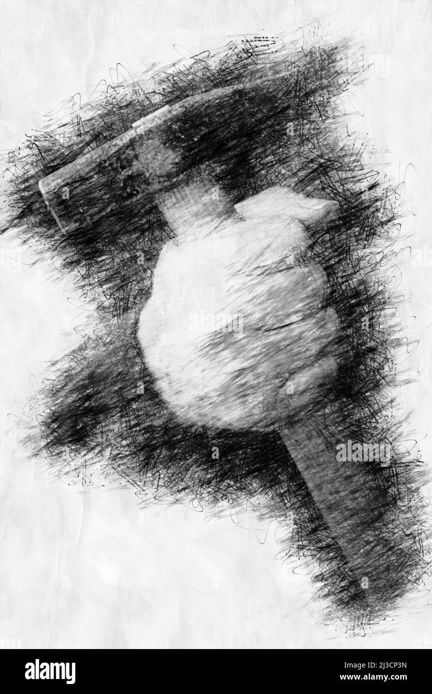 close-up of hand holding a hammer in pencil drawing style Stock Photo ...