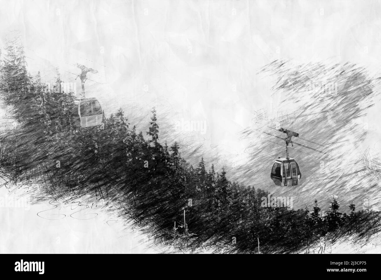 cableway with forest in pencil drawing style Stock Photo - Alamy