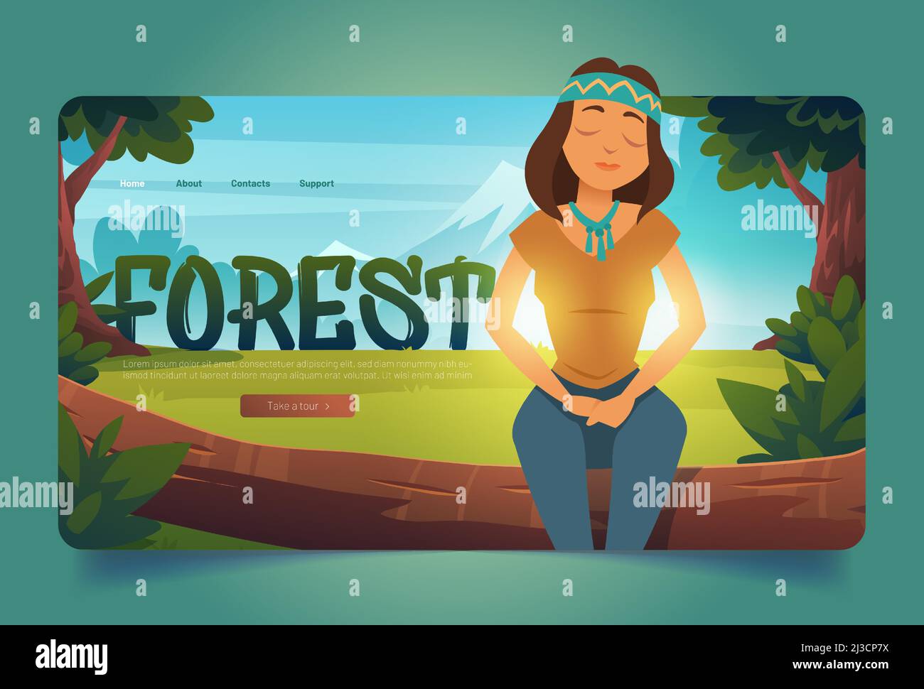 Forest cartoon landing page, woman enjoying nature, relaxed hippie girl ...