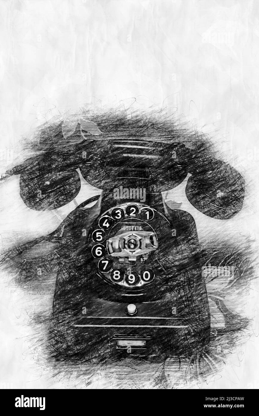 close-up of old vintage telephone in pencil drawing style Stock Photo ...