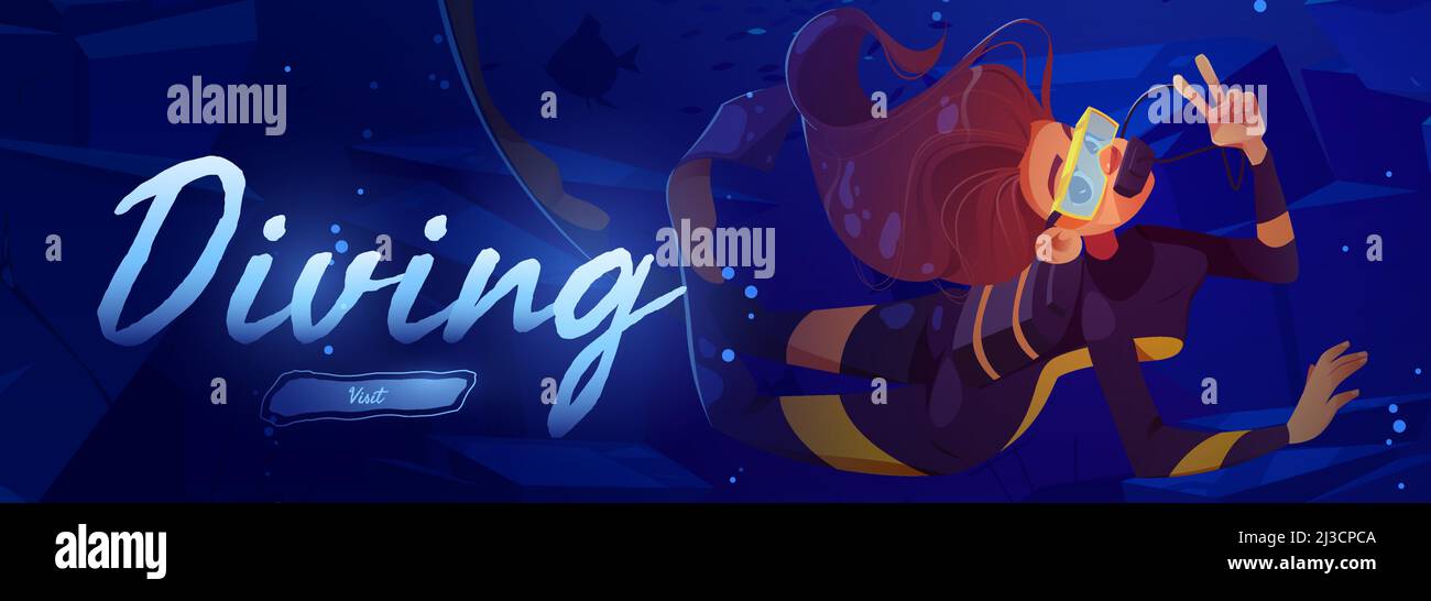 Diving cartoon web banner, scuba diver girl explore sea bottom. Woman ...