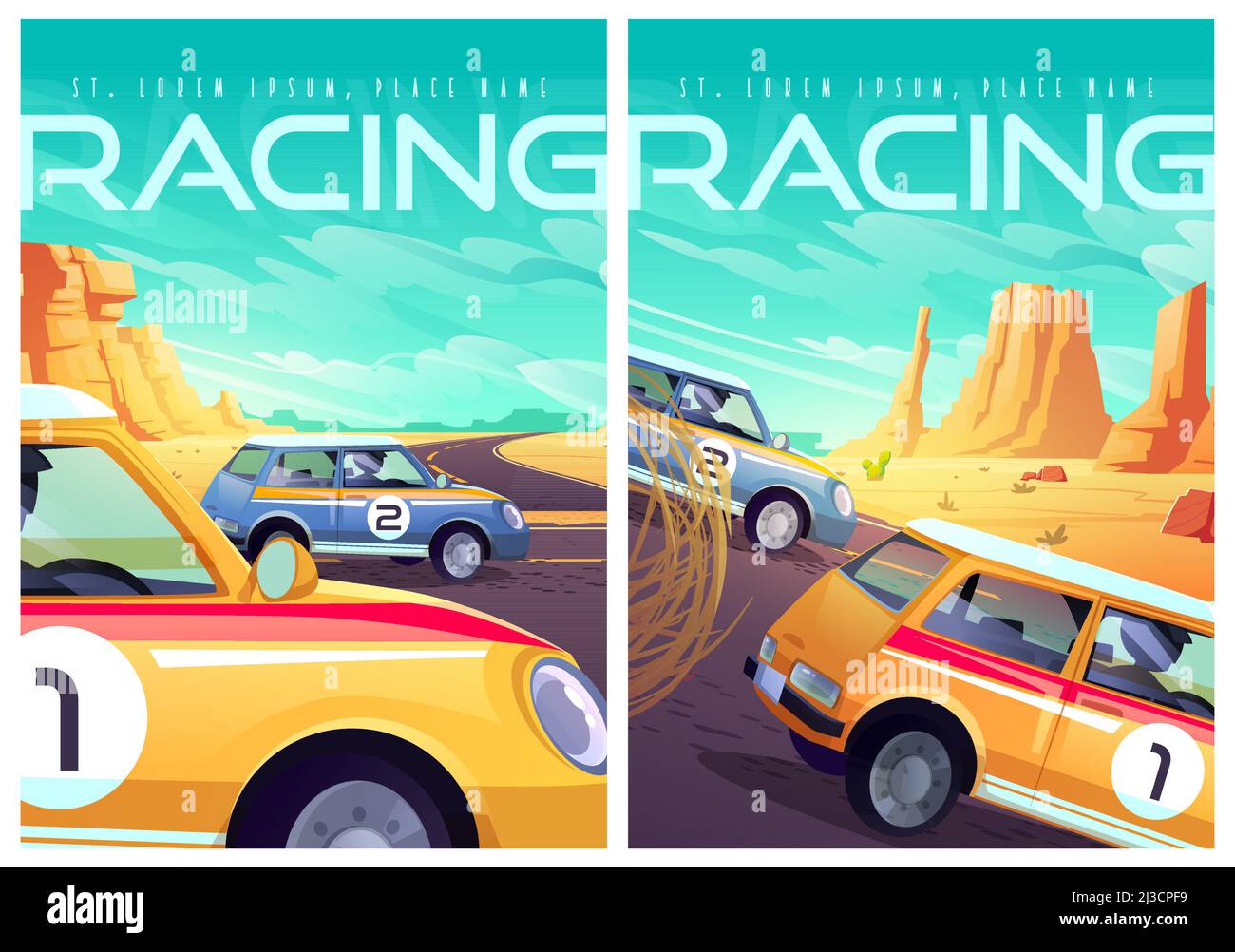Racing posters with sport cars on road in desert with cactuses, rocks ...