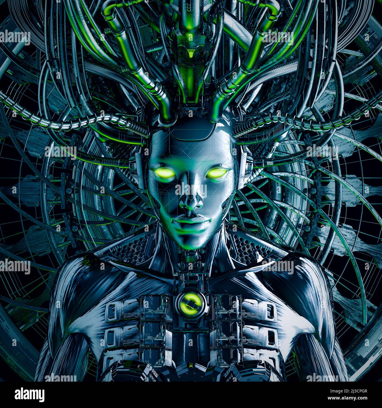 Vision of the machine - 3D illustration of metallic science fiction female artificial ...