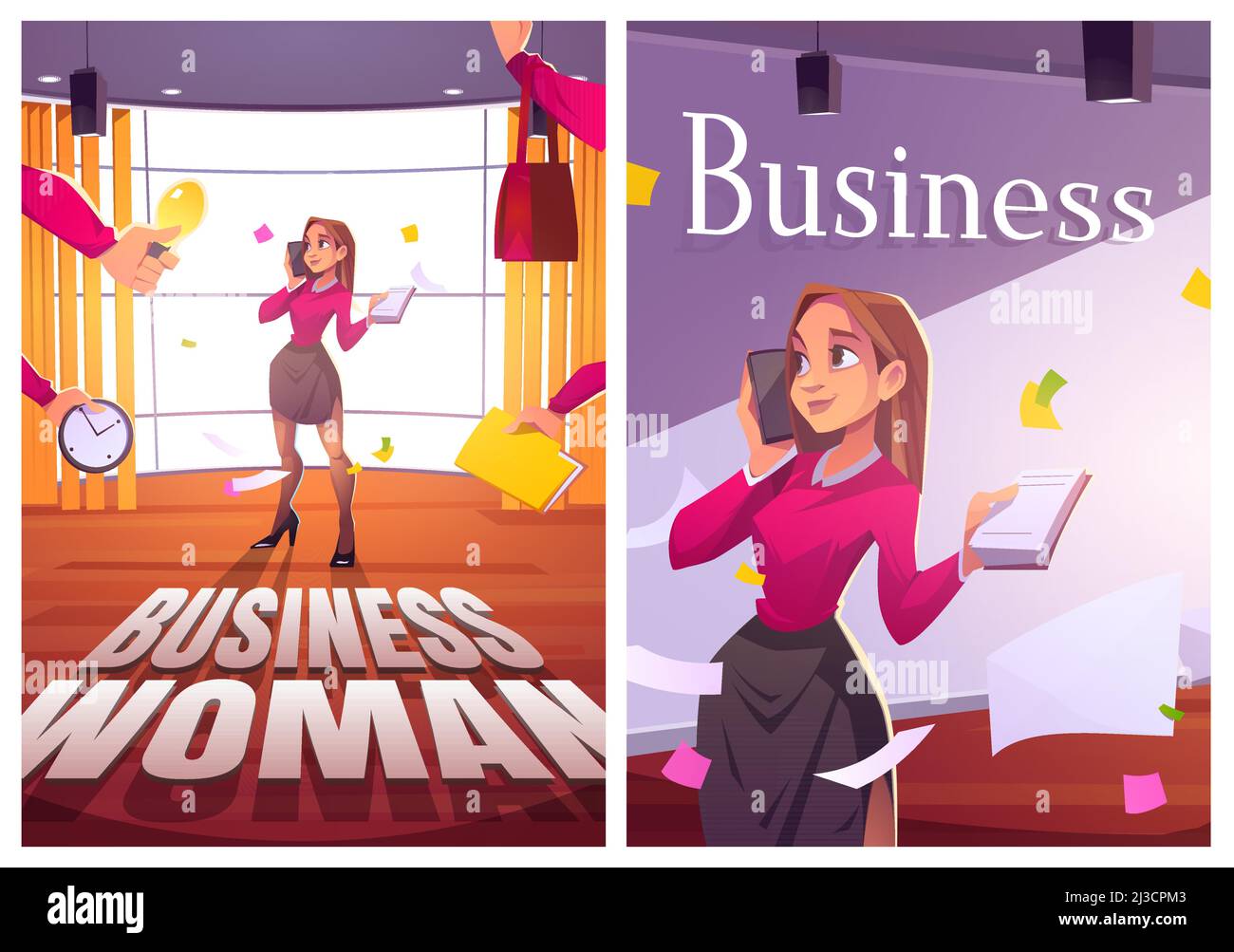 Business woman work in office cartoon posters, multitasking ...