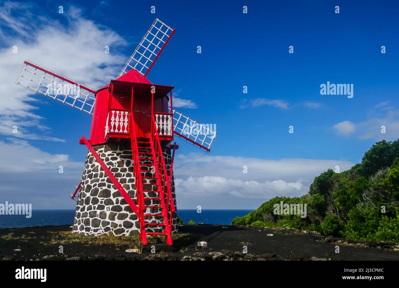 Traditional red and white windmill in Pico island Azores. Portugal ...