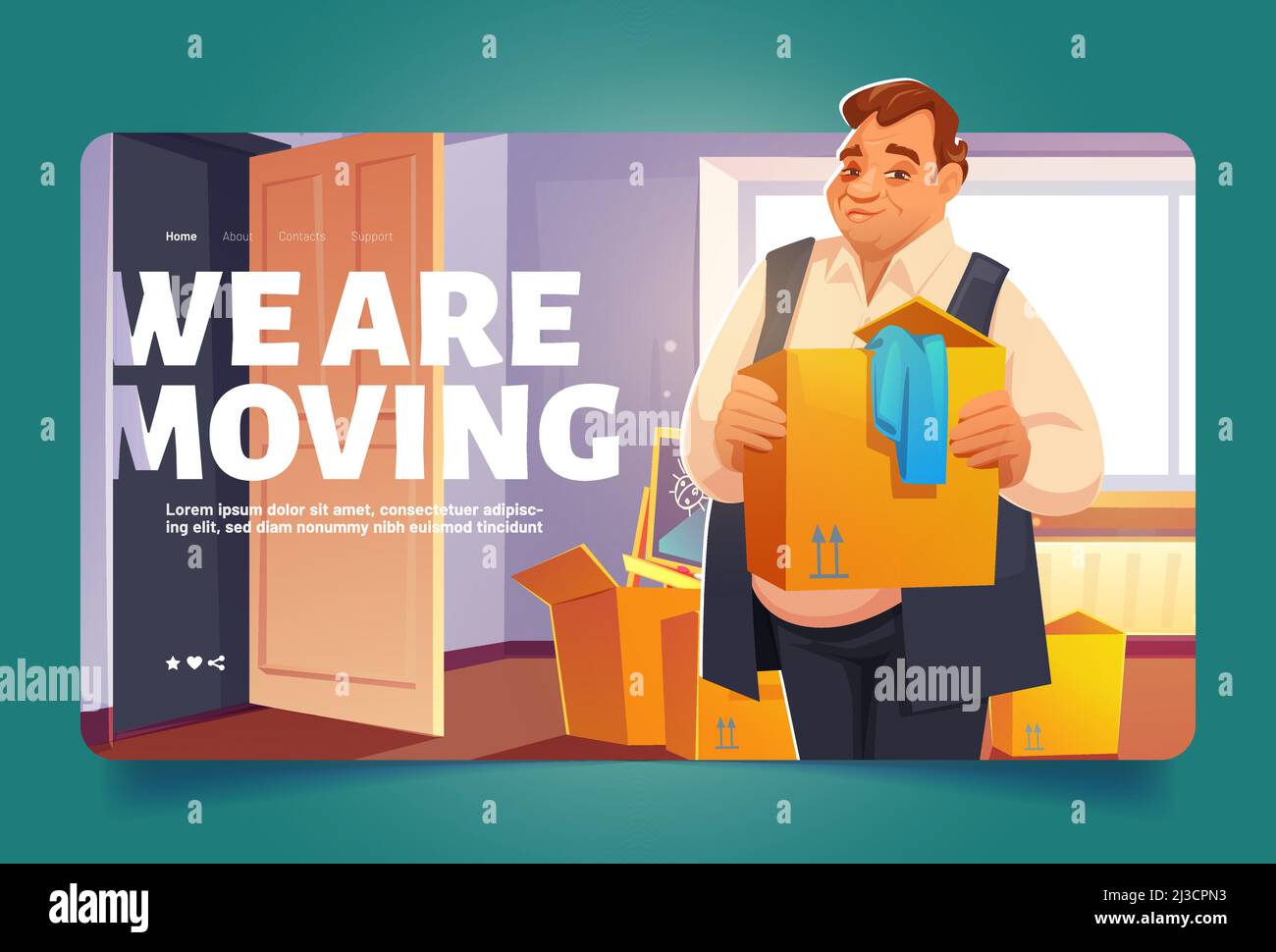 We are moving banner with man holding cardboard box. Vector landing ...