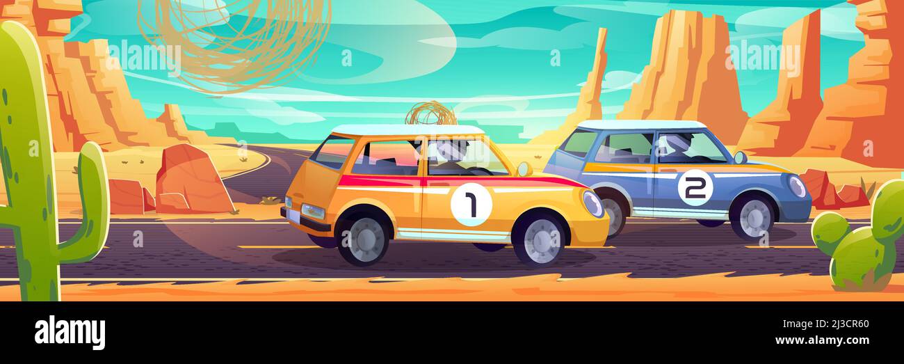 Race cars on road in desert with cactuses, rocks and tumbleweed. Vector ...
