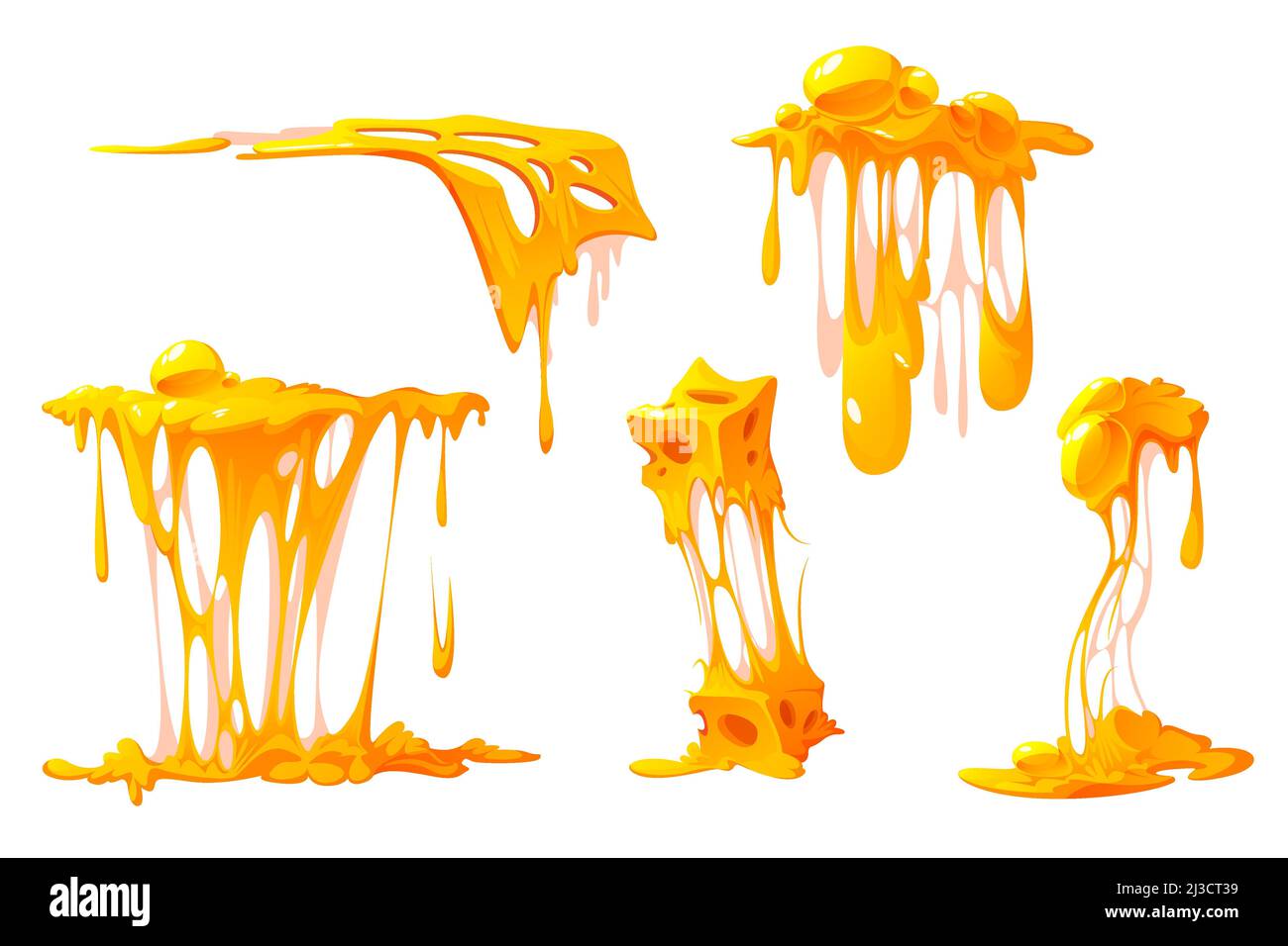 Melted cheese cartoon set, mellow pieces with dripping and stretches ...