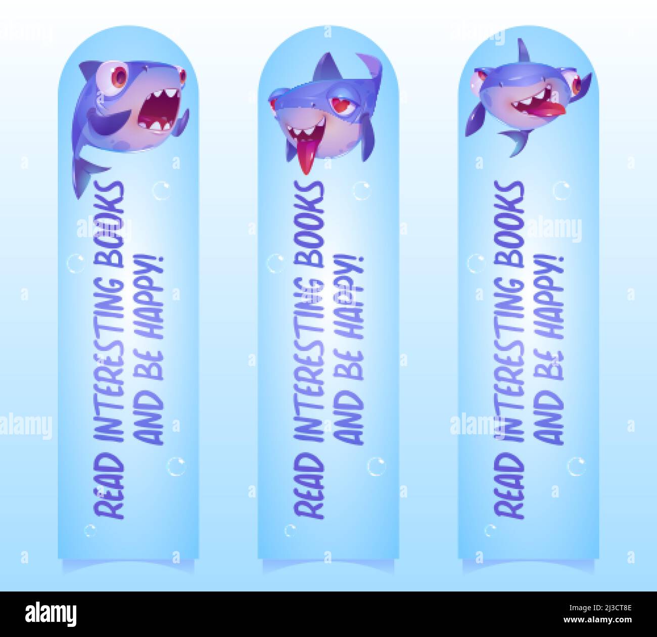 Bookmarks with funny shark character underwater in sea. Vector vertical ...