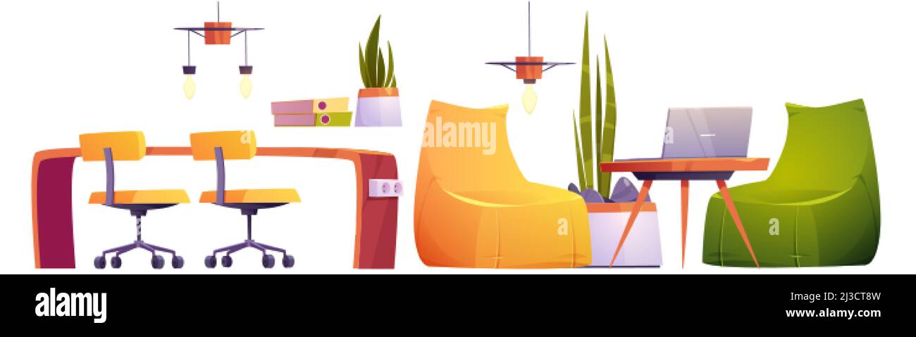 Coworking office with table, chairs, laptop, lamps and plants. Vector ...