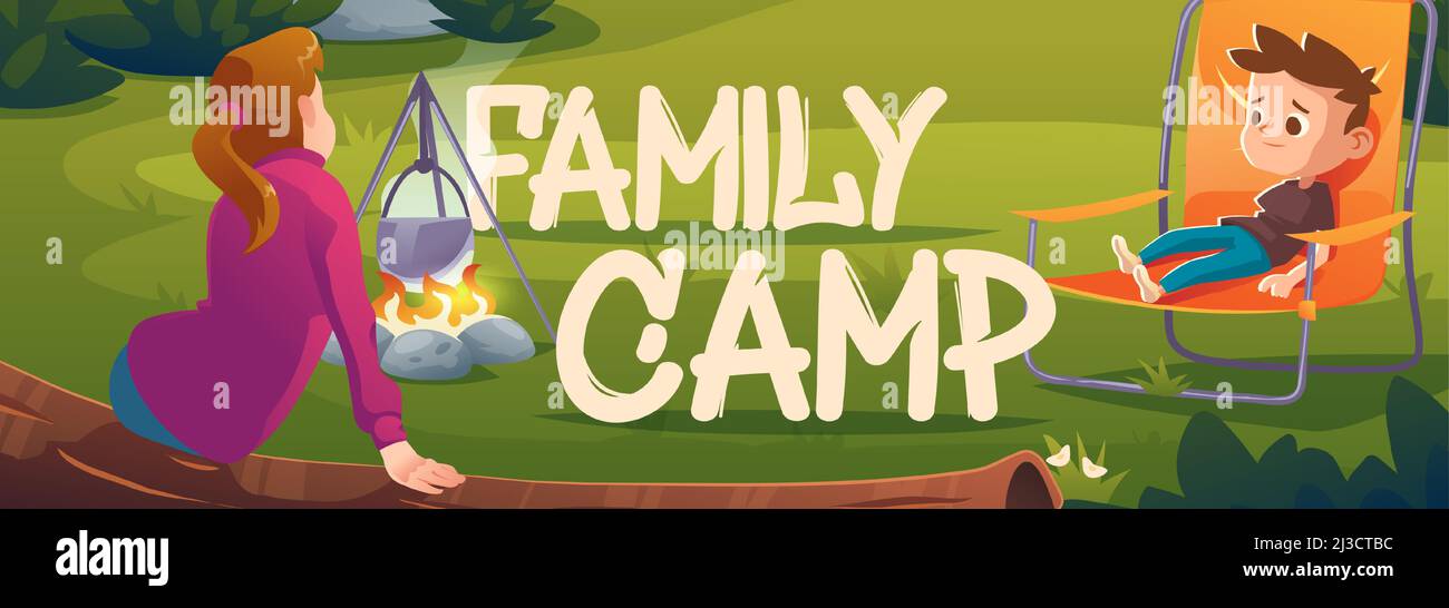 Family camp cartoon banner, children relax in forest camping, girl ...