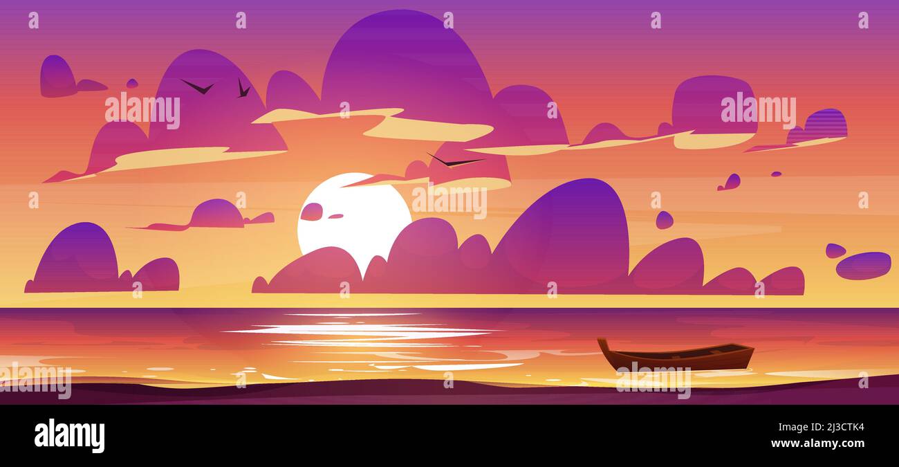 Sea or ocean beach with wooden boat at sunset. Vector cartoon ...