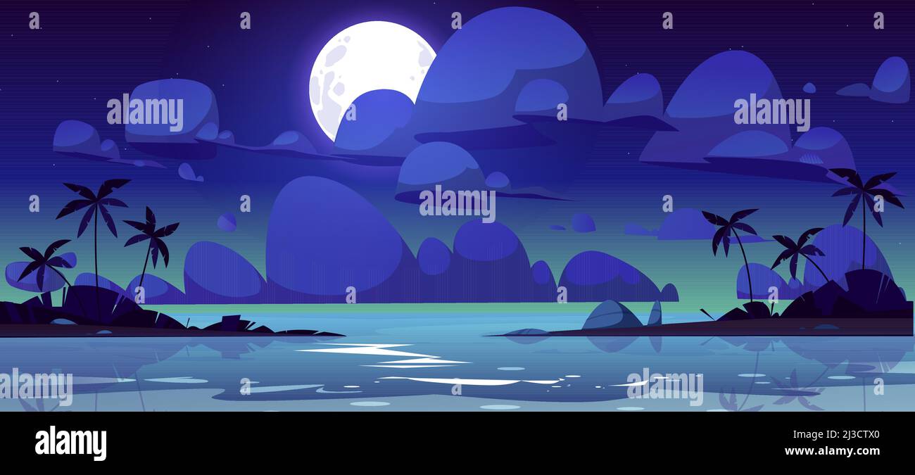 Tropical landscape with sea bay at night. . Vector cartoon illustration ...