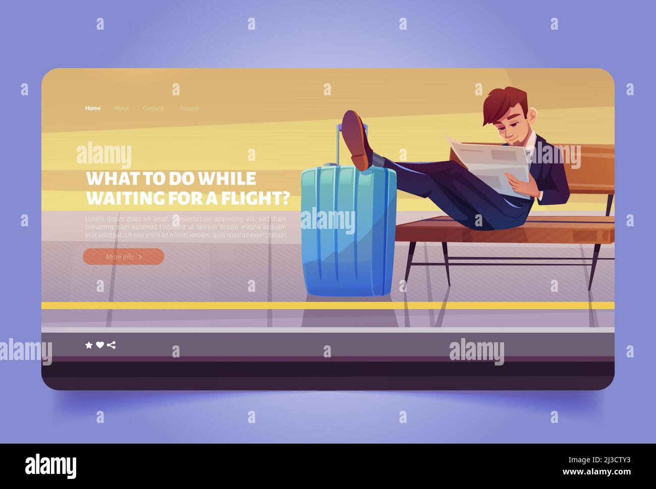 Waiting flight banner with man in suit sitting on bench and read ...