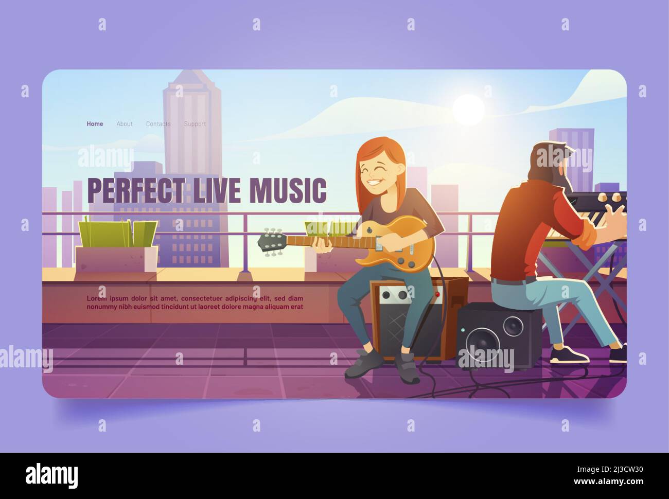 Perfect live music cartoon landing page. Singer woman playing guitar on ...