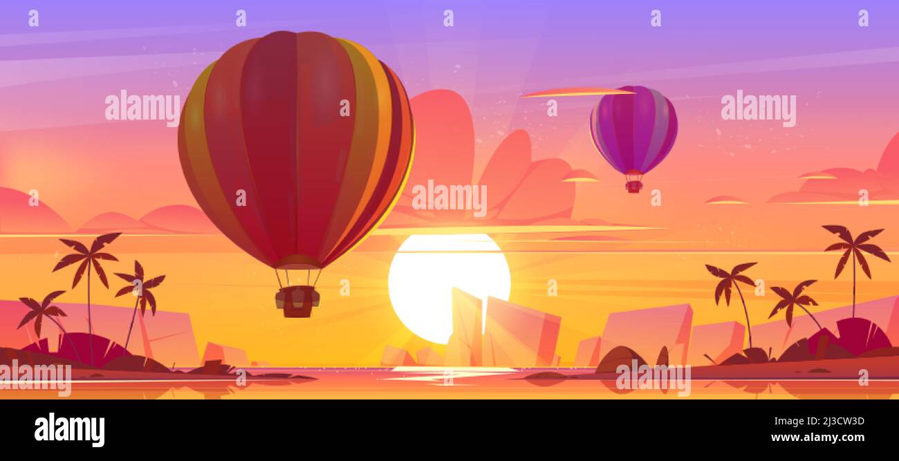 Tropical landscape with flying hot air balloons, sea bay, palm trees ...