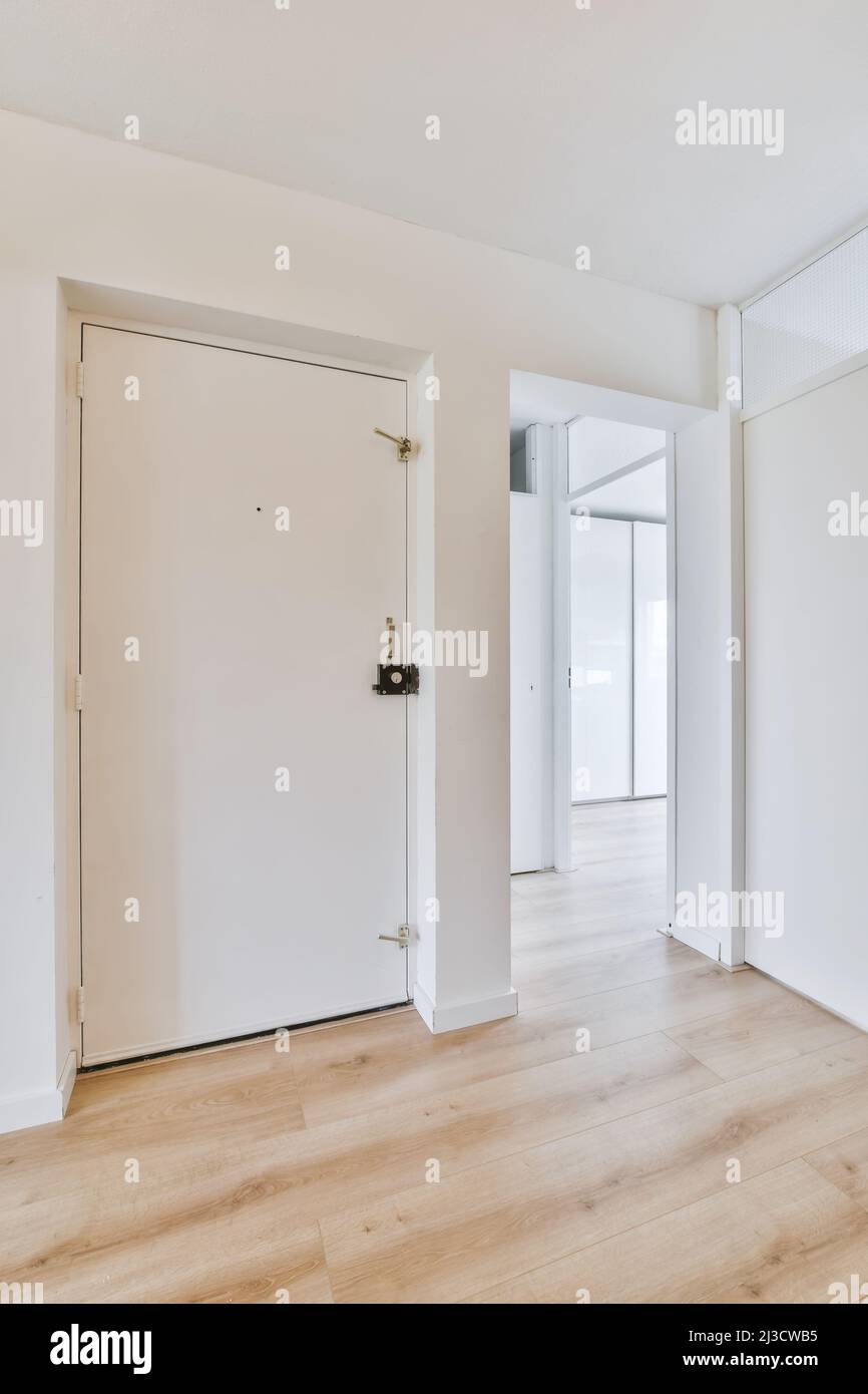 Corridor with entrance door and parquet floor in contemporary flat with ...