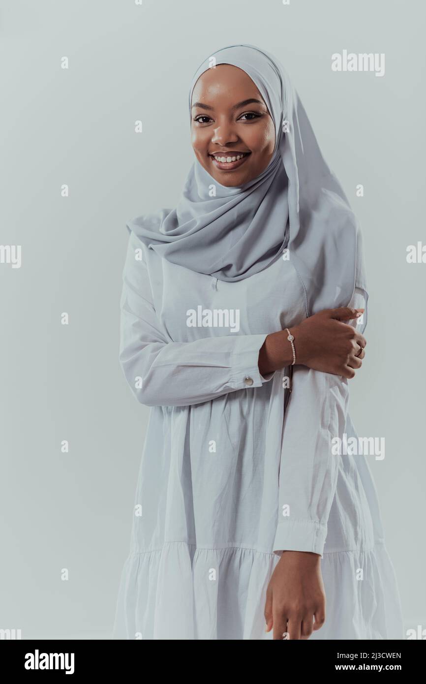 Portrait of young modern muslim afro beauty wearing traditional islamic ...