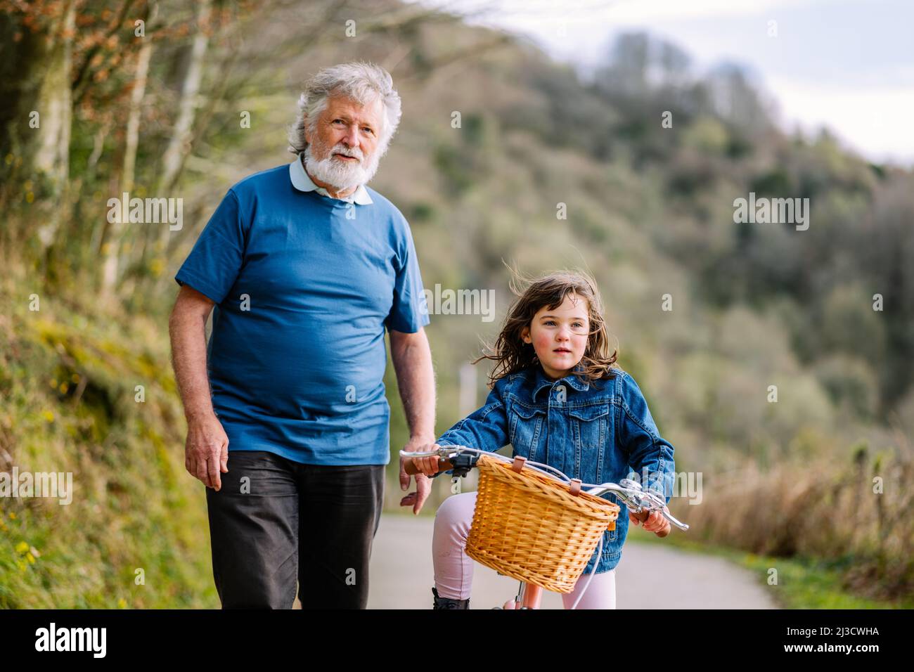 Bearded grandfather walking near cute granddaughter riding bicycle with ...