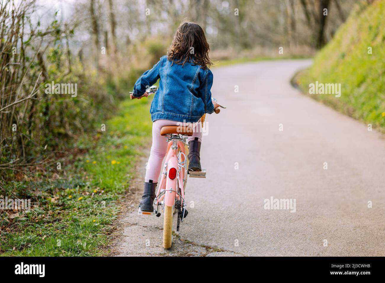 Full body bach view of unrecognizable kid in denim jacket riding ...