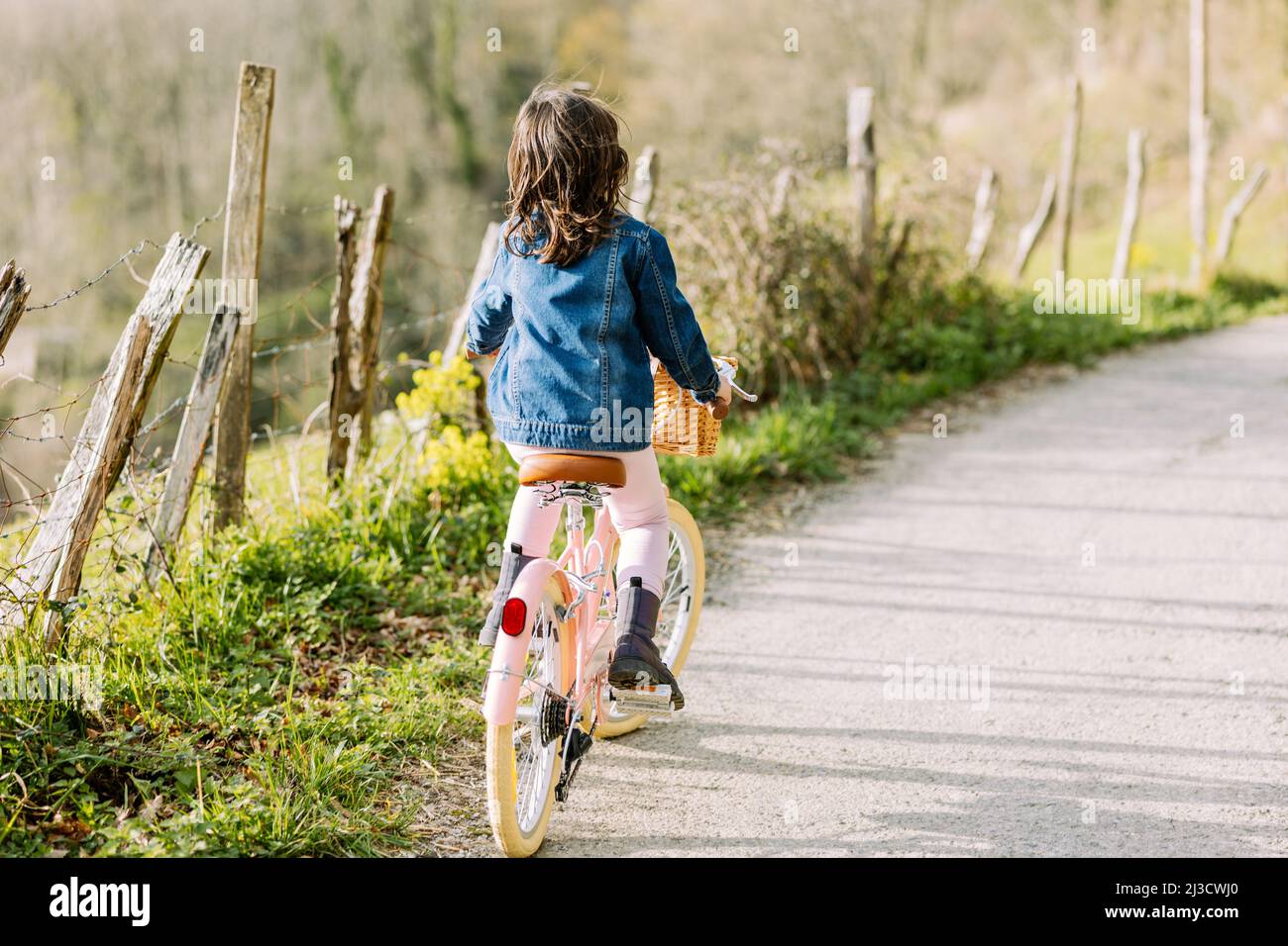 Full body bach view of unrecognizable kid in denim jacket riding ...
